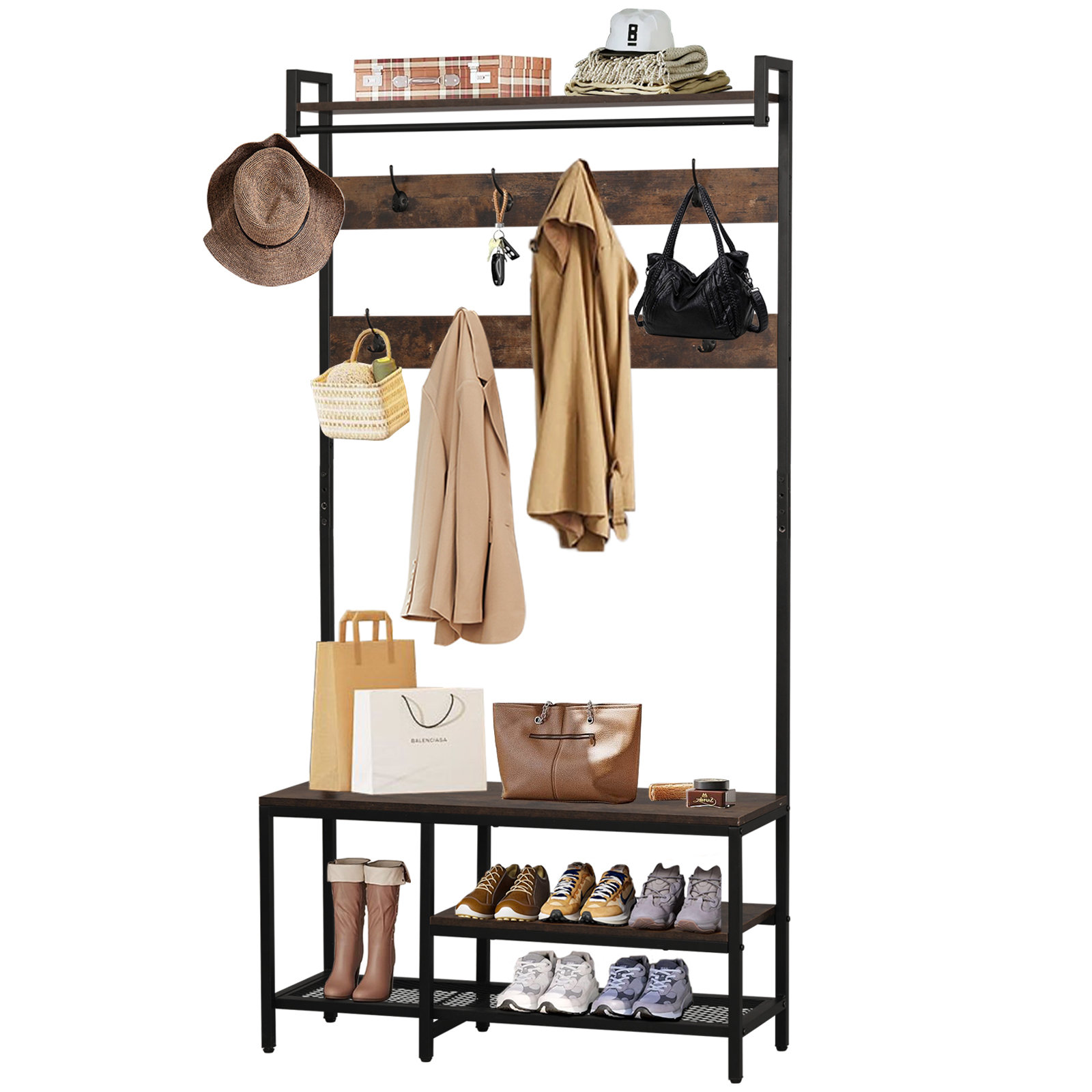 17 Stories Hall Tree Entryway Bench With Storage, 35.5" Large Coat Rack ...